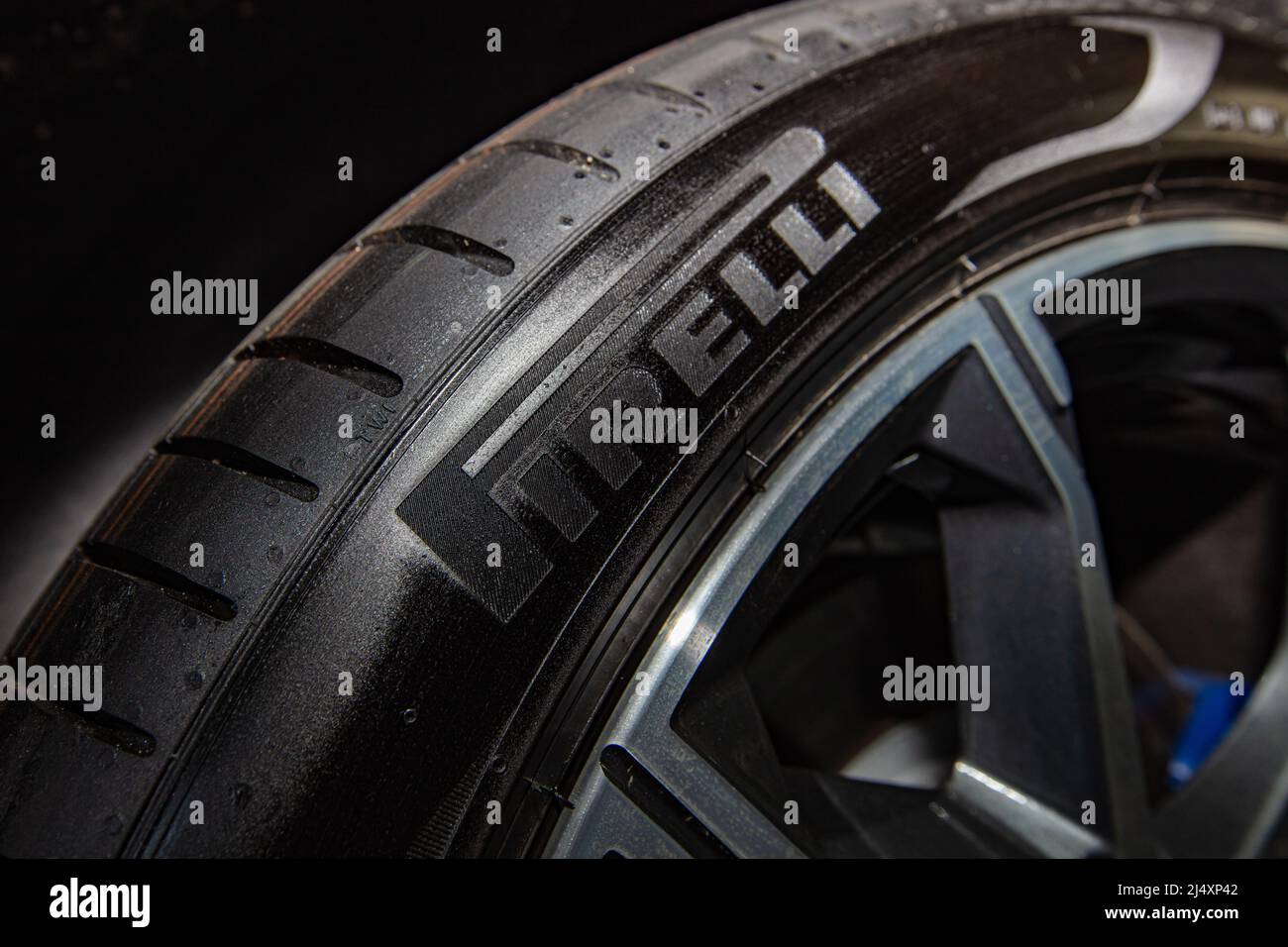 Lviv, Ukraine - October 21, 2020: Closeup of new Pirelli P Zero tire ...