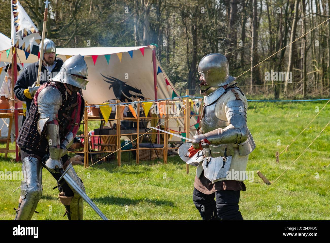 Historical re-enactment of medieval knights fighting with authentic ...