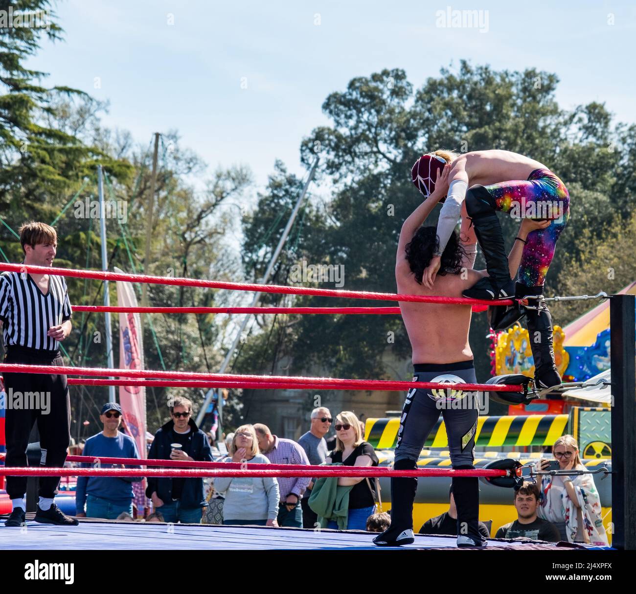 Outdoor and open-air wrestling match at the Henham Easter Country Show ...