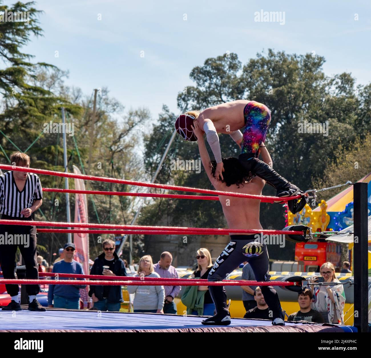 Outdoor and open-air wrestling match at the Henham Easter Country Show ...