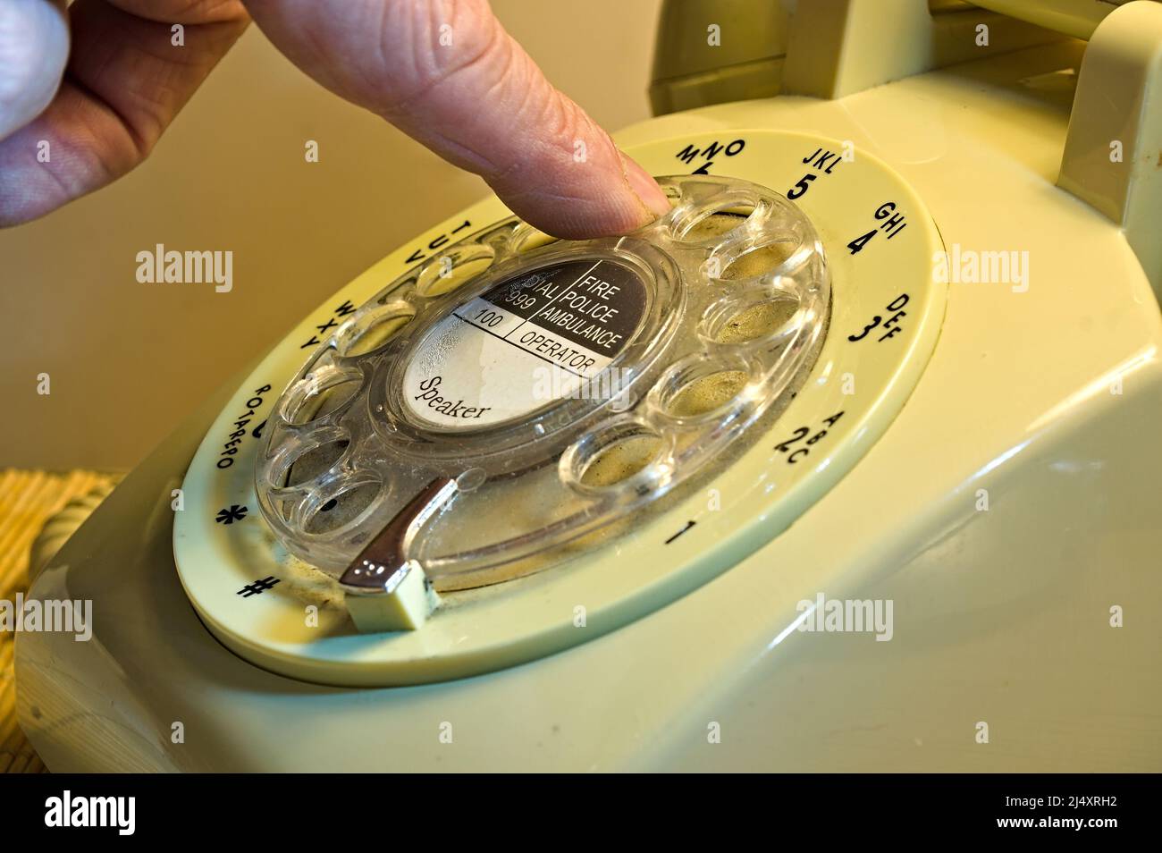 Finger dialing an old style rotary telephone in the home Stock Photo ...