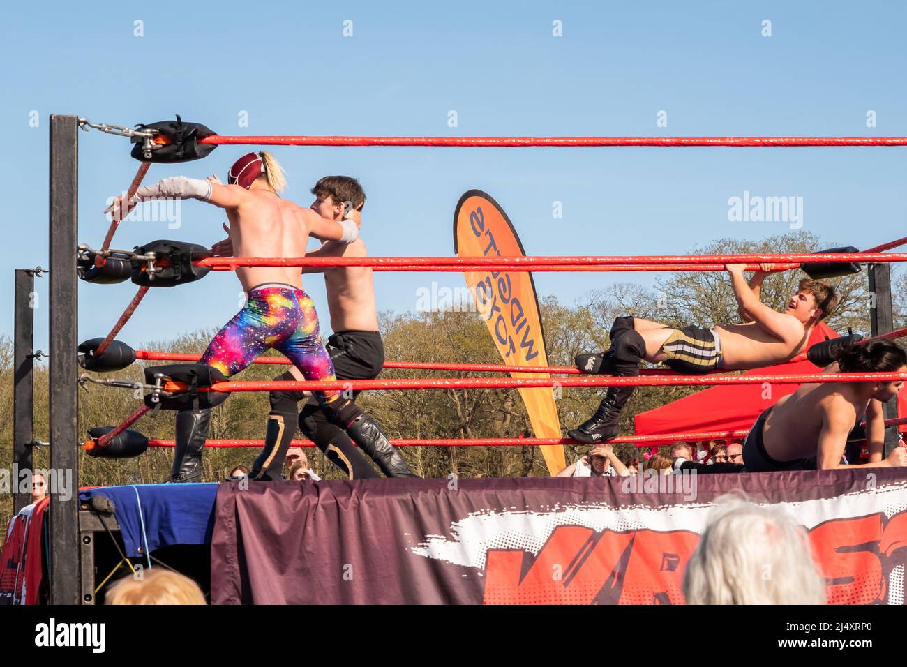 Outdoor and open-air wrestling match at the Henham Easter Country Show ...