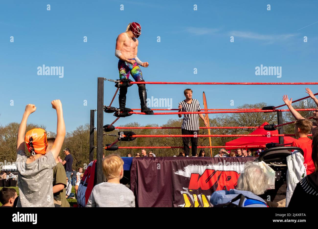 Outdoor and open-air wrestling match at the Henham Easter Country Show ...