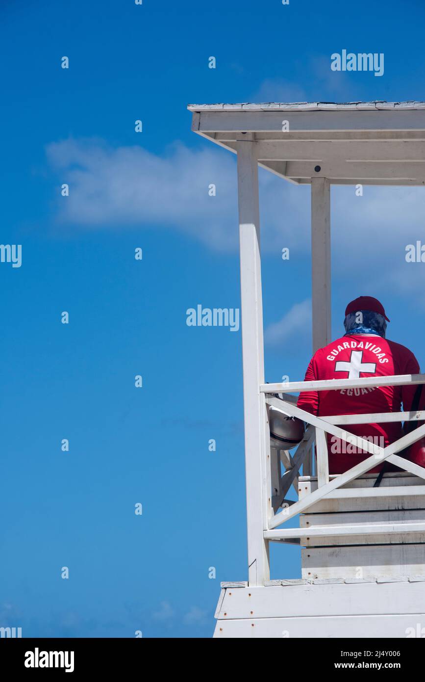 A lifeguard in a red uniform with white crosses, watches the beach from ...
