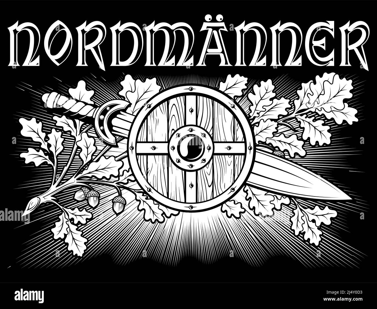 Viking, Scandinavian design. Viking shield, warrior sword and oak ...