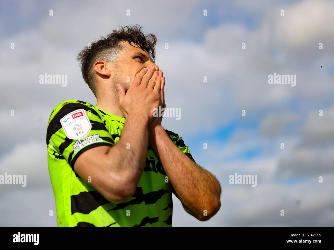 Forest Green Rovers' Josh March reacts after a near miss during the Sky ...
