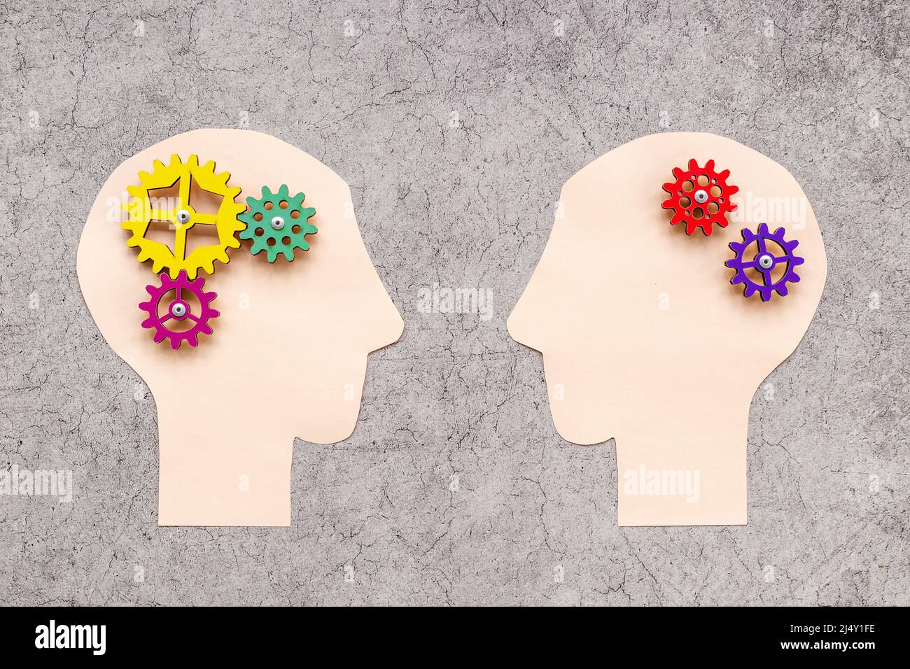 Brain gears on two human heads. Mind work. Brain chaos and mind peace ...