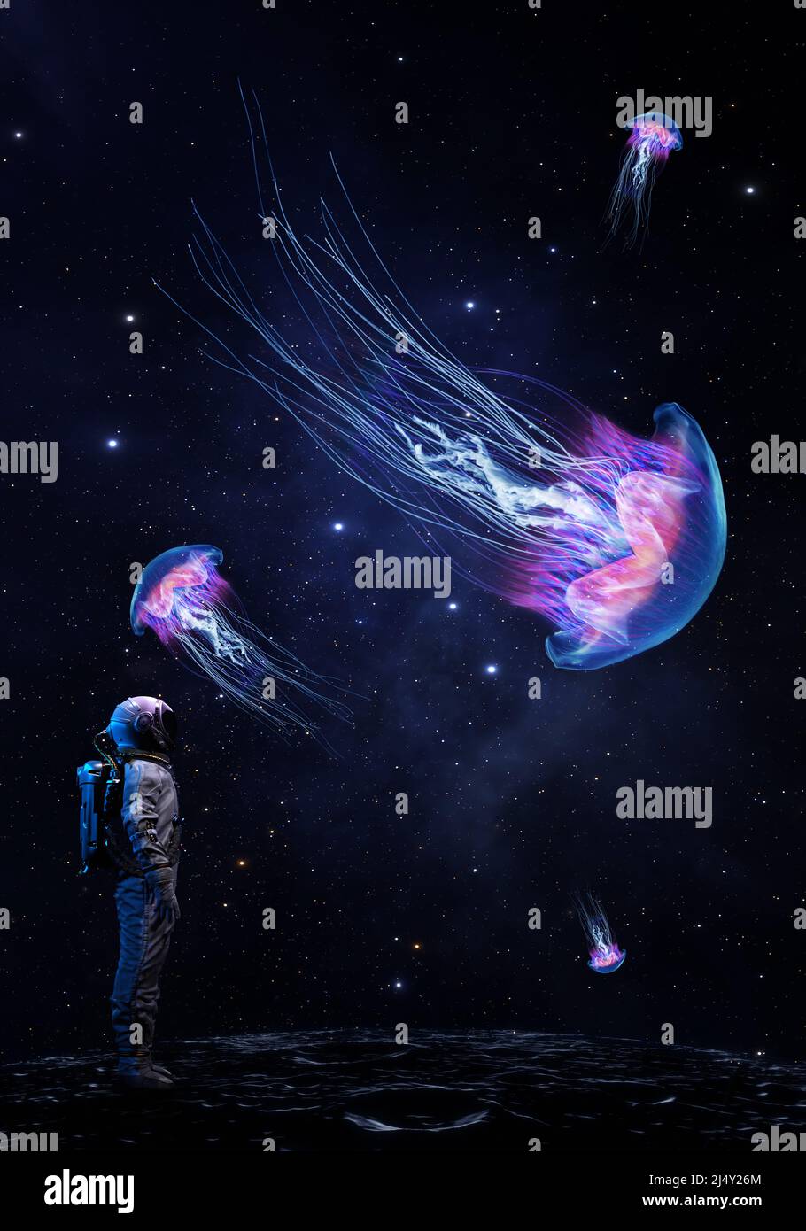 Astronaut cosmonaut looks glowing jellyfish in space sea, fantastic ...