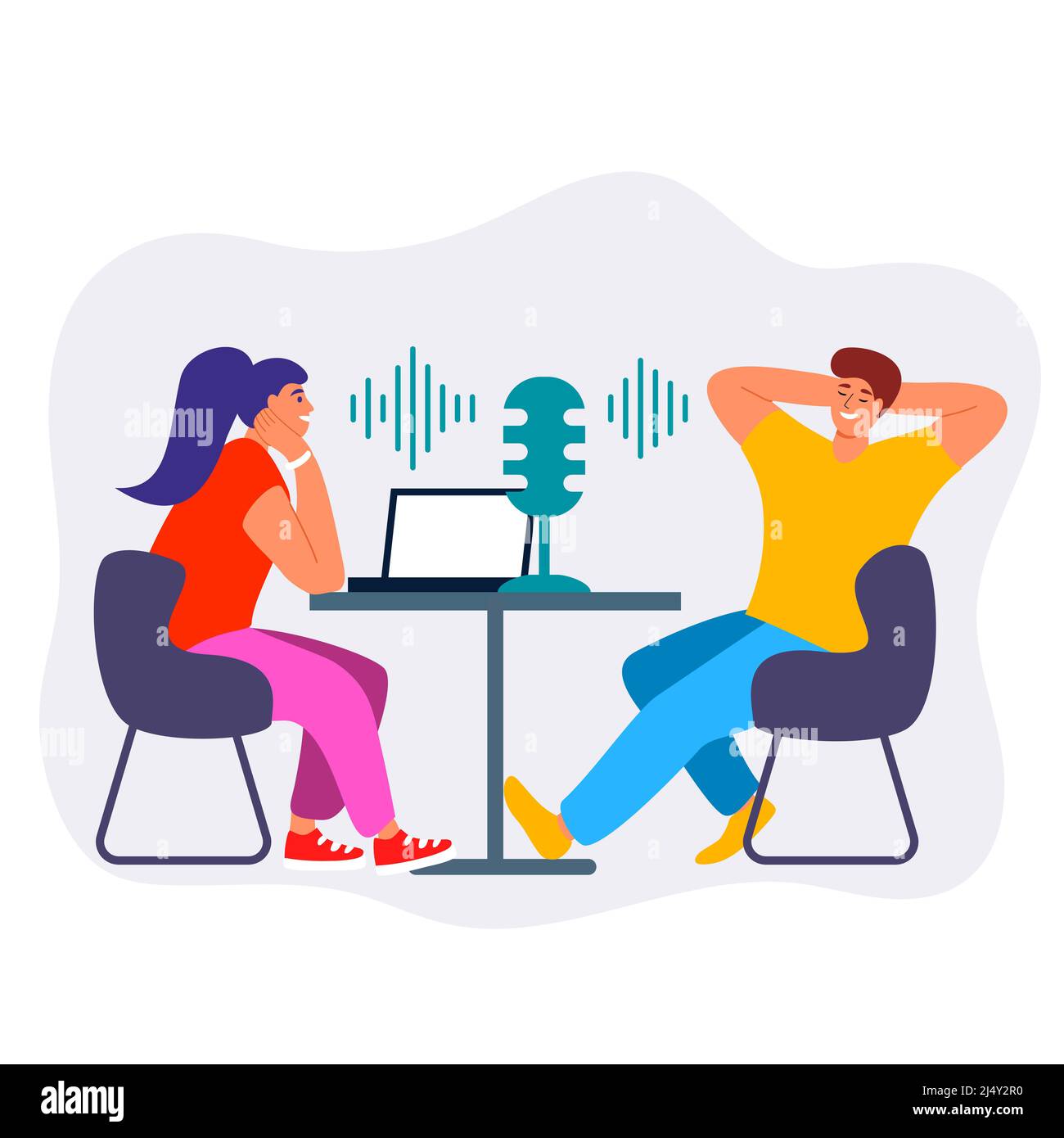 Female podcaster person radio host interviewing male guest Mass media ...