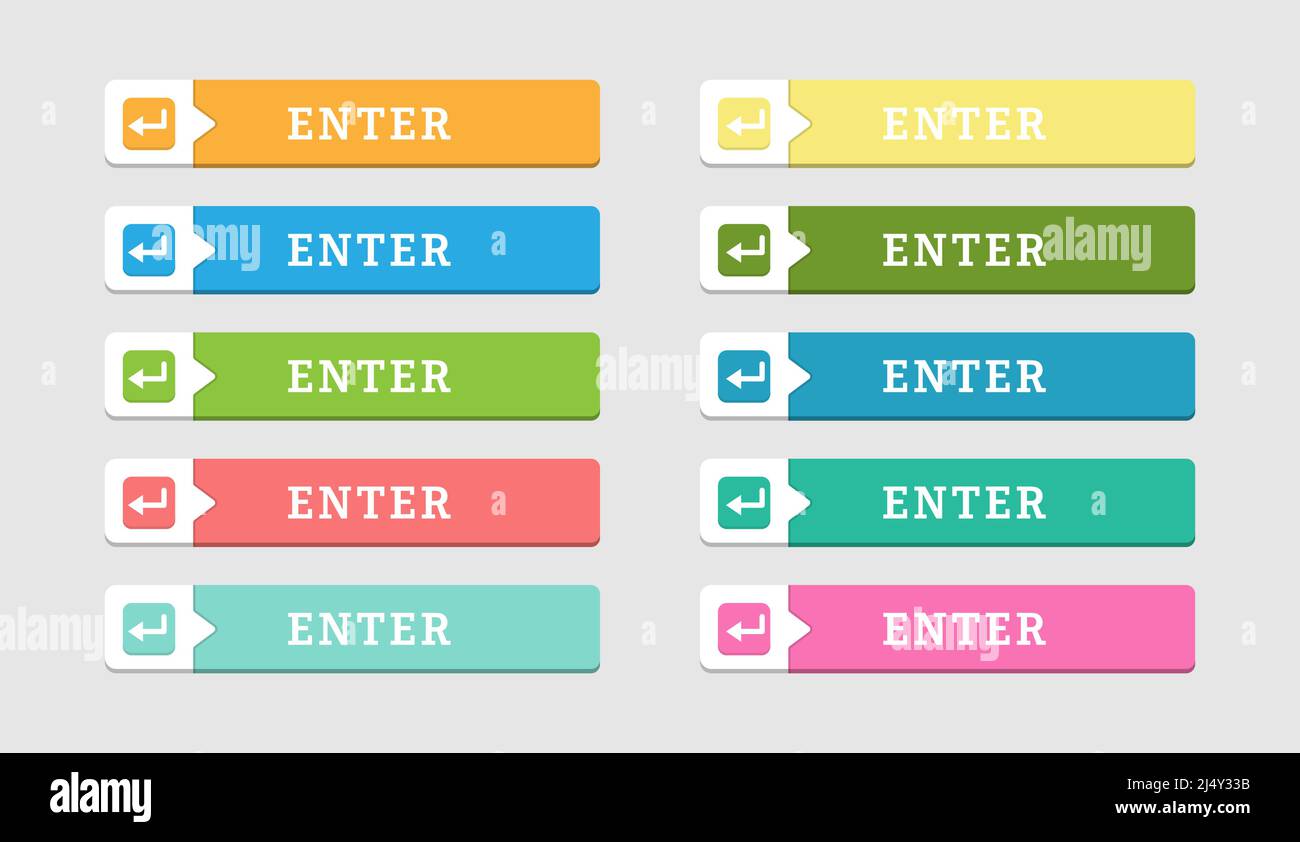 set of colored buttons labeled ENTER and an arrow. Flat style Stock ...