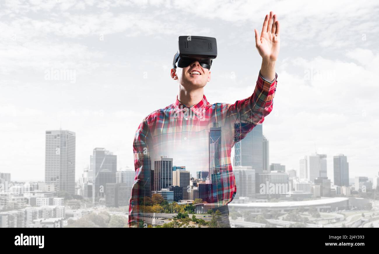 Guy wearing checked shirt and virtual mask stretching hand to touch ...