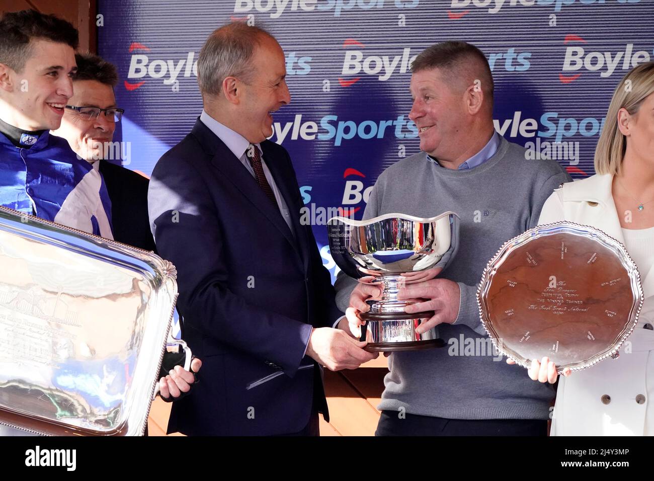 Taoiseach Micheal Martin presents a trophy to owner Pat Blake after ...