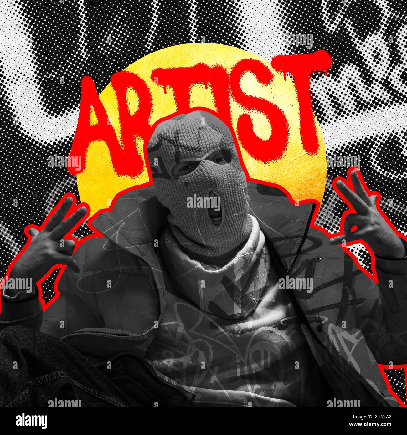 Contemporary art collage. Man wearing balaclava isolated over gray ...