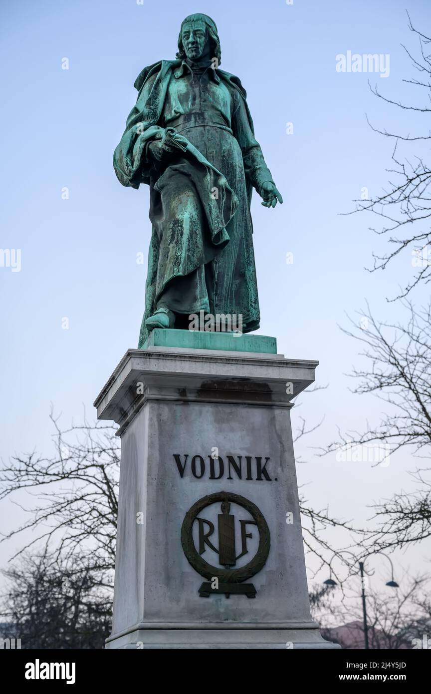 Statue of Valentin Vodnik poet and priest, on Vodnikov trg square, in ...