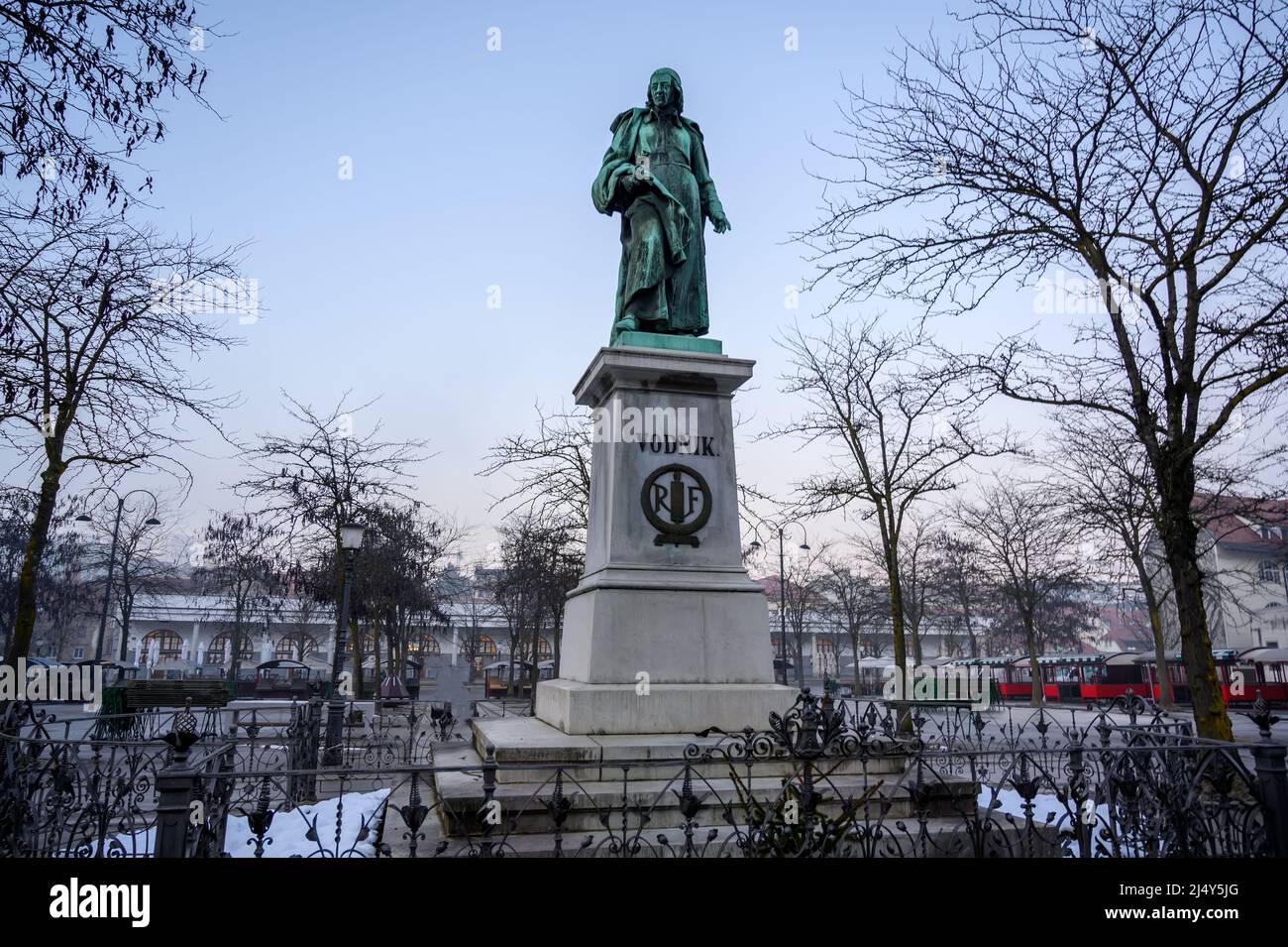Statue of Valentin Vodnik poet and priest, on Vodnikov trg square, in ...