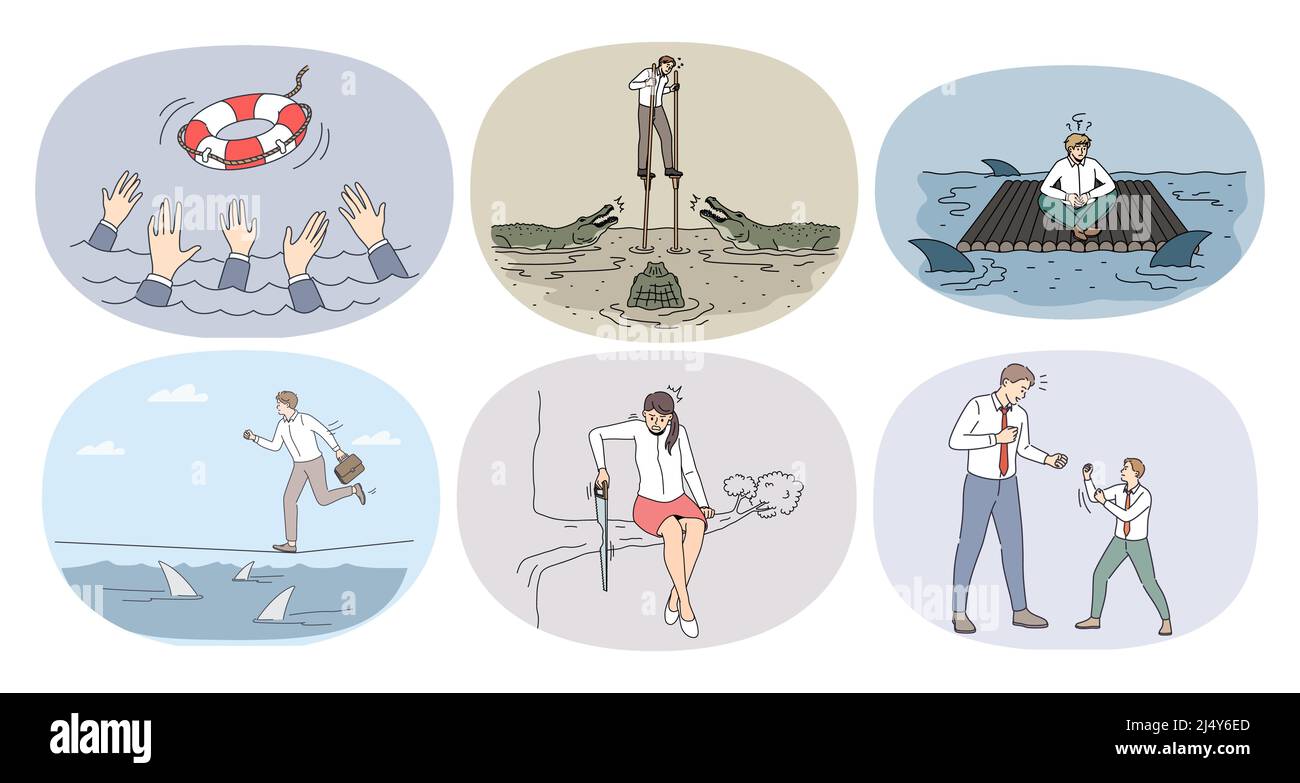 Set of diverse businesspeople in risky situations. Collection of ...