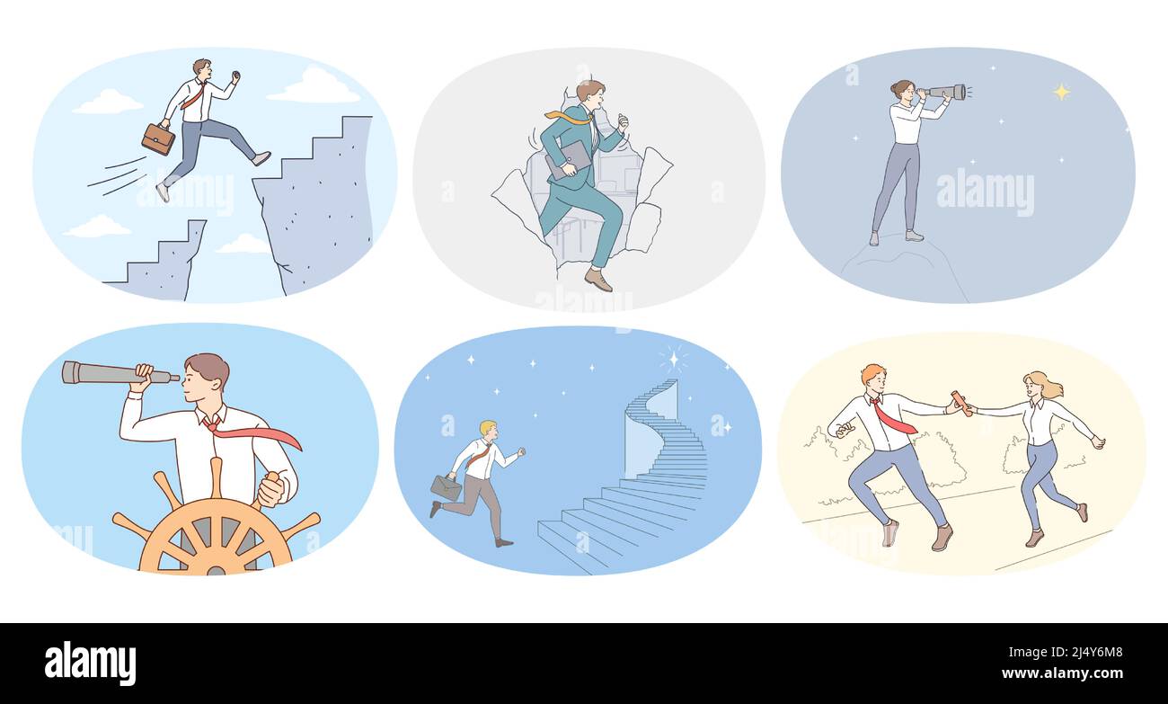 Set of diverse businesspeople run chase strive for business success or ...