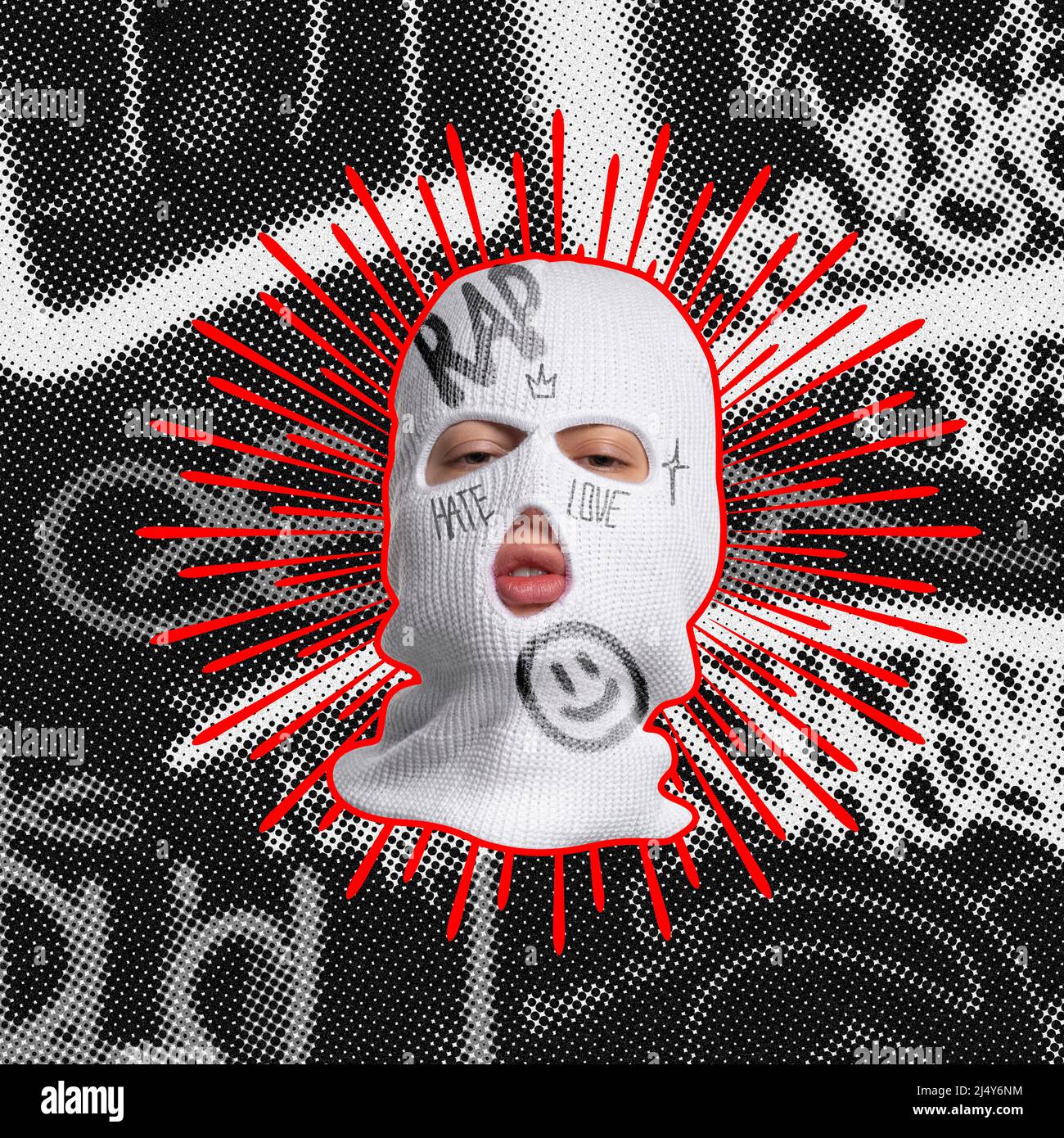 Contemporary art collage. Stylish young woman wearing white balaclava ...