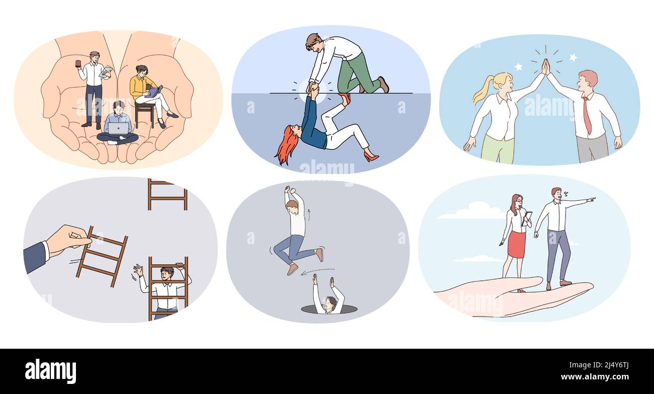 Set of diverse people in different life situations help each other ...