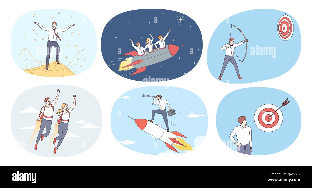 Set of businessman feel motivated achieve work goal or target ...