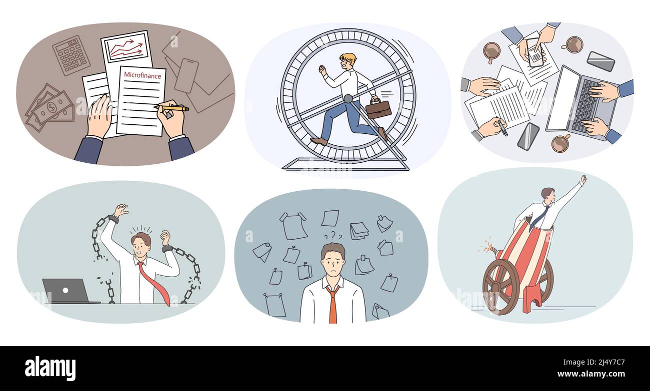 Set of stressed businessman overwhelmed with workload in office ...