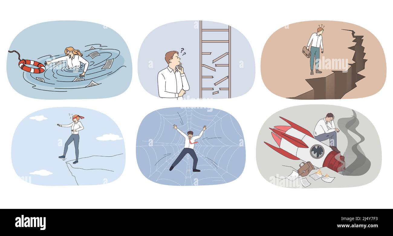 Collection of businesspeople distressed with work failure or crisis ...