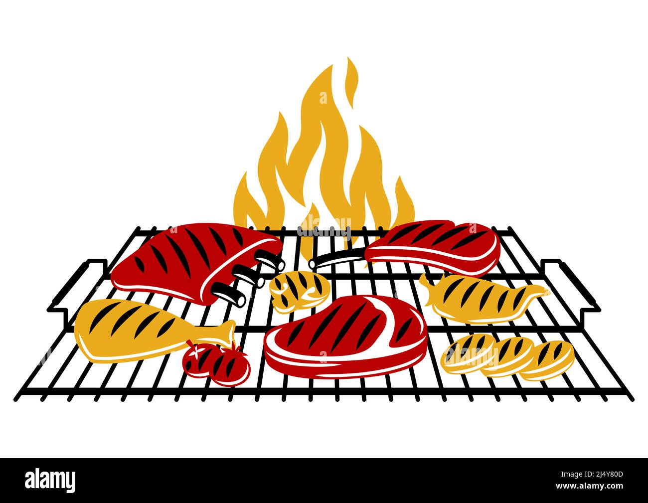 Bbq illustration with grill objects and icons. Stylized kitchen and ...