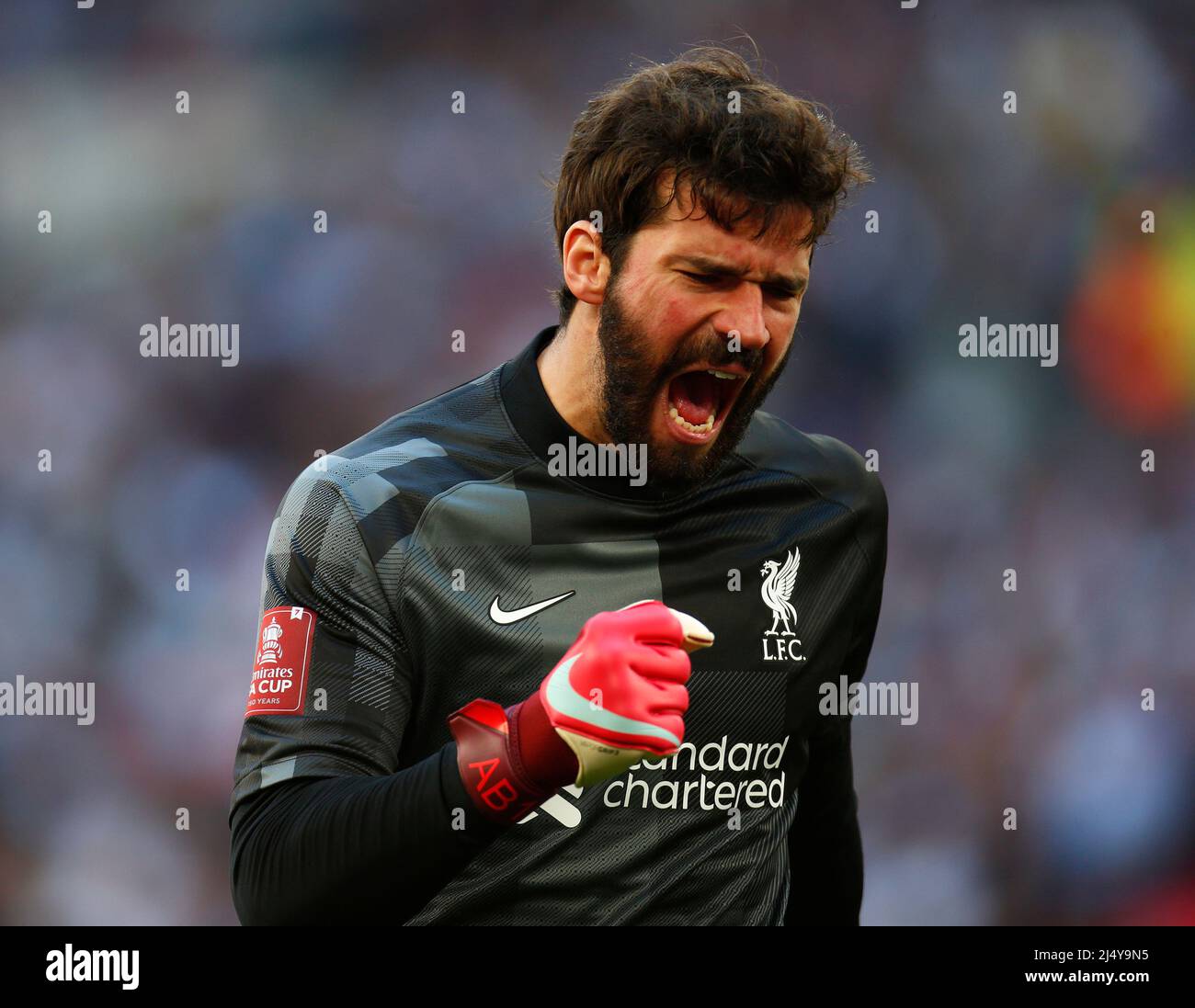 LONDON, ENGLAND - APRIL 16:Liverpool's Alisson Becker celebrates ...