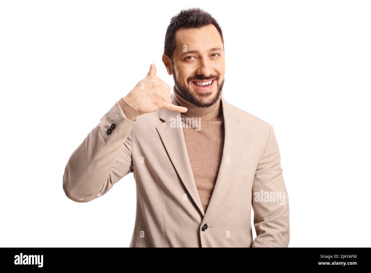 Smiling young handsome man making a phone call sign isolated on white ...