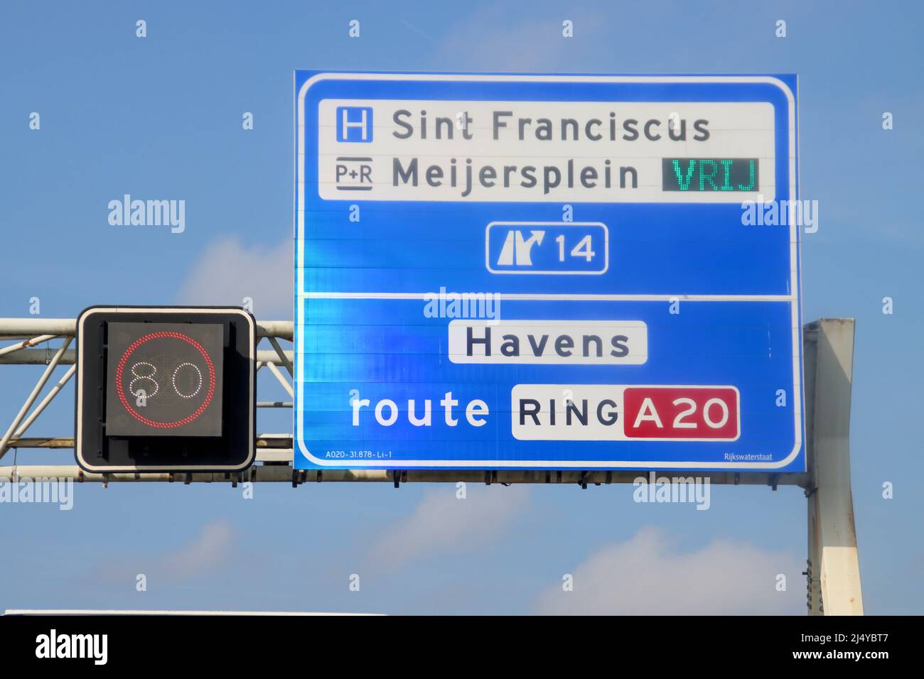 Blue direction and information sign for the directions on Motorway A20 ...