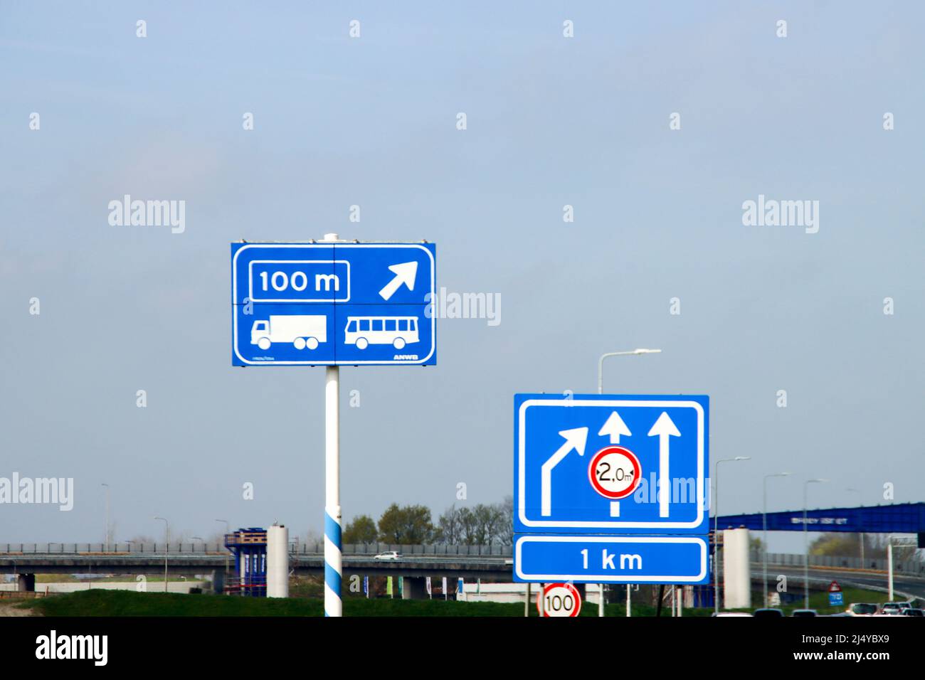 Blue information sign for the directions on Motorway A20 for special ...