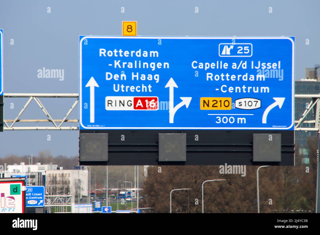 Blue direction and information sign for the directions on Motorway A16 ...