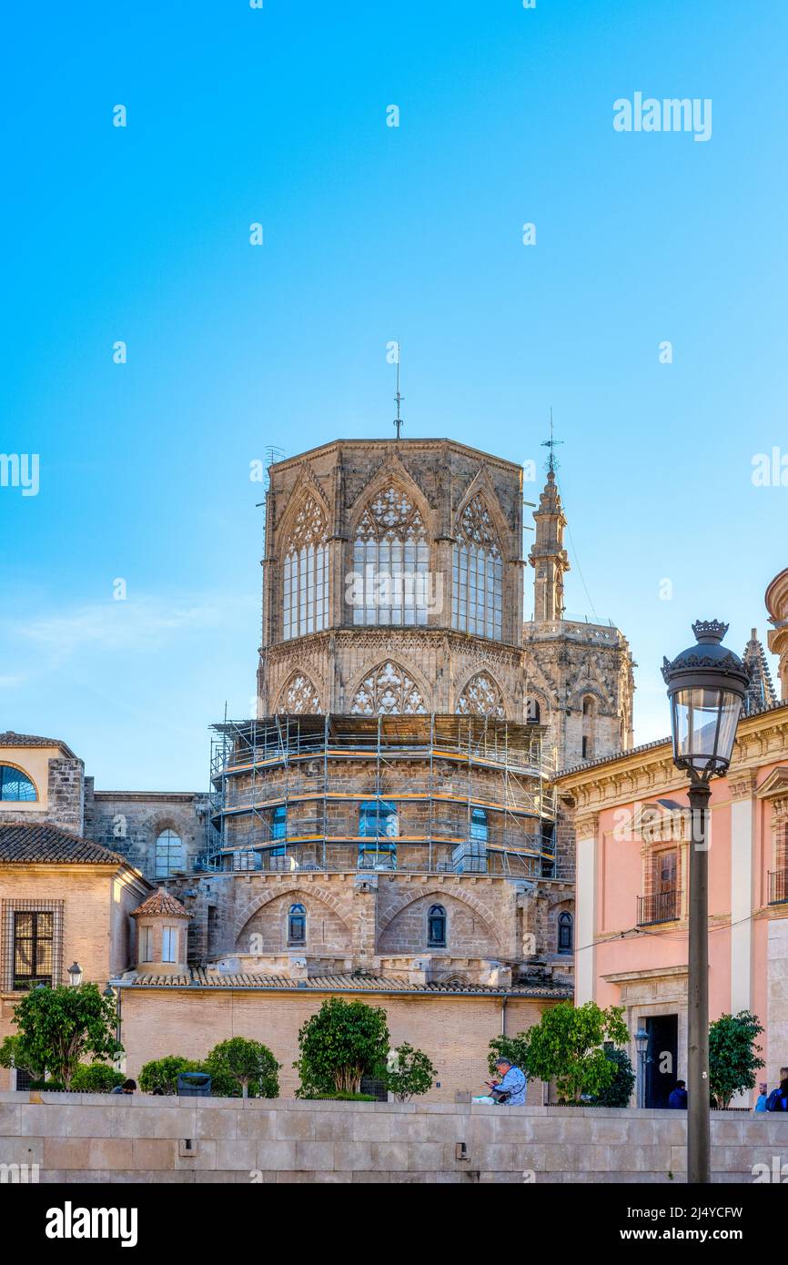 Exterior architecture of the Valencia Cathedral which has a ...
