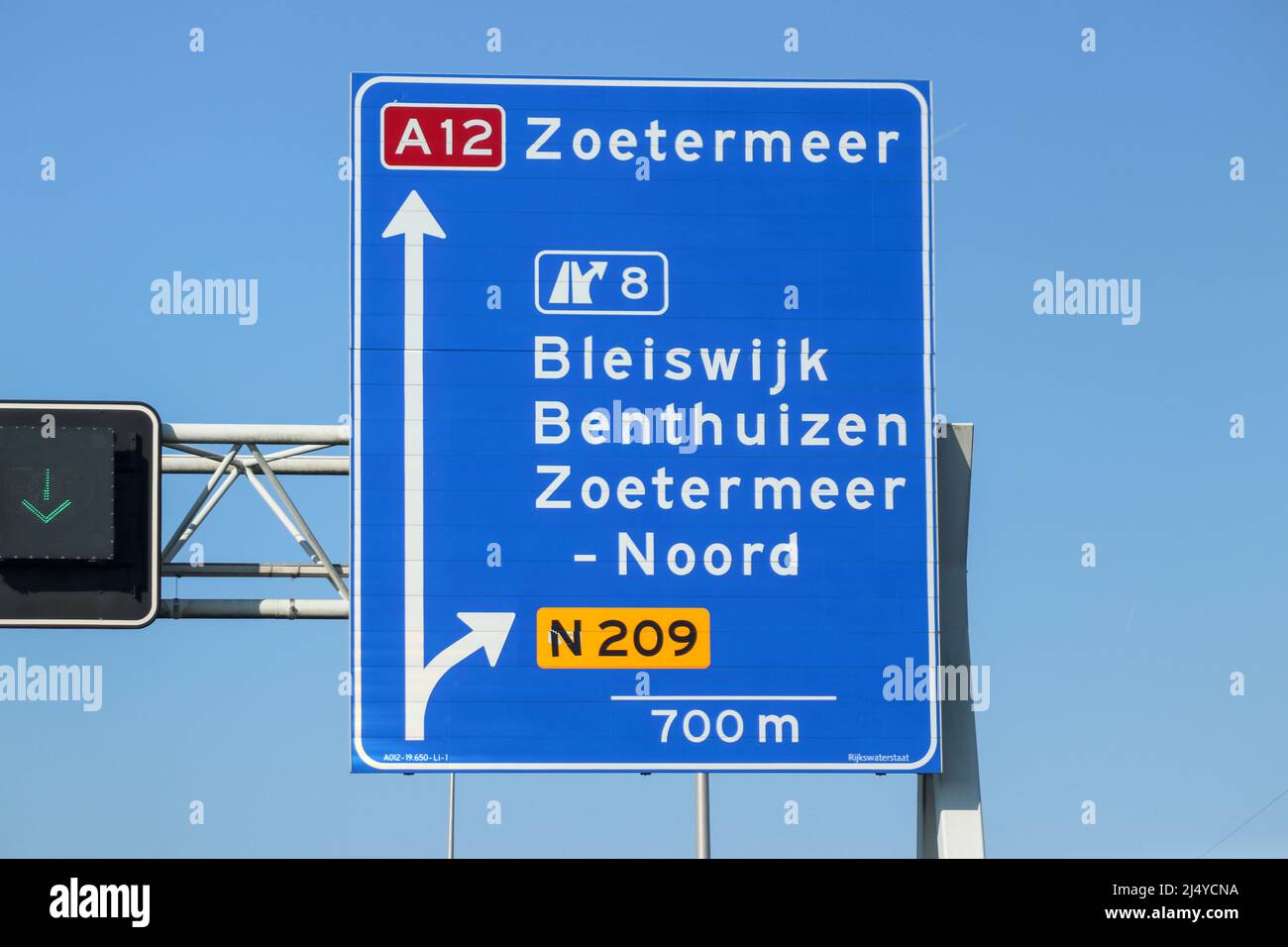 Blue direction and information sign for the directions on Motorway A12 ...