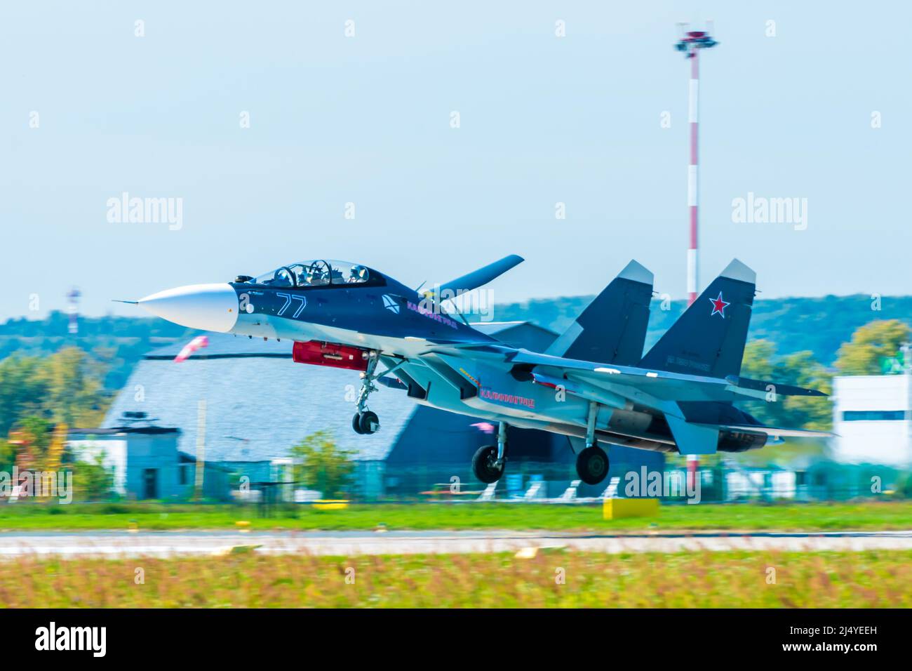 August 30, 2019, Zhukovsky, Russia. Russian multi-role fighter Su-30SM on the runway of the ...