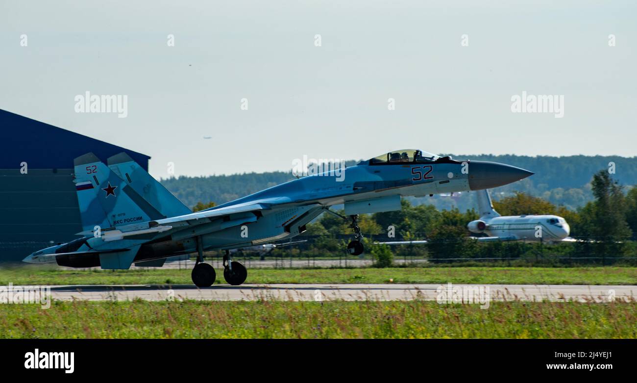 August 30, 2019, Zhukovsky, Russia. Russian multi-role fighter Sukhoi Su-35 on the runway of the ...