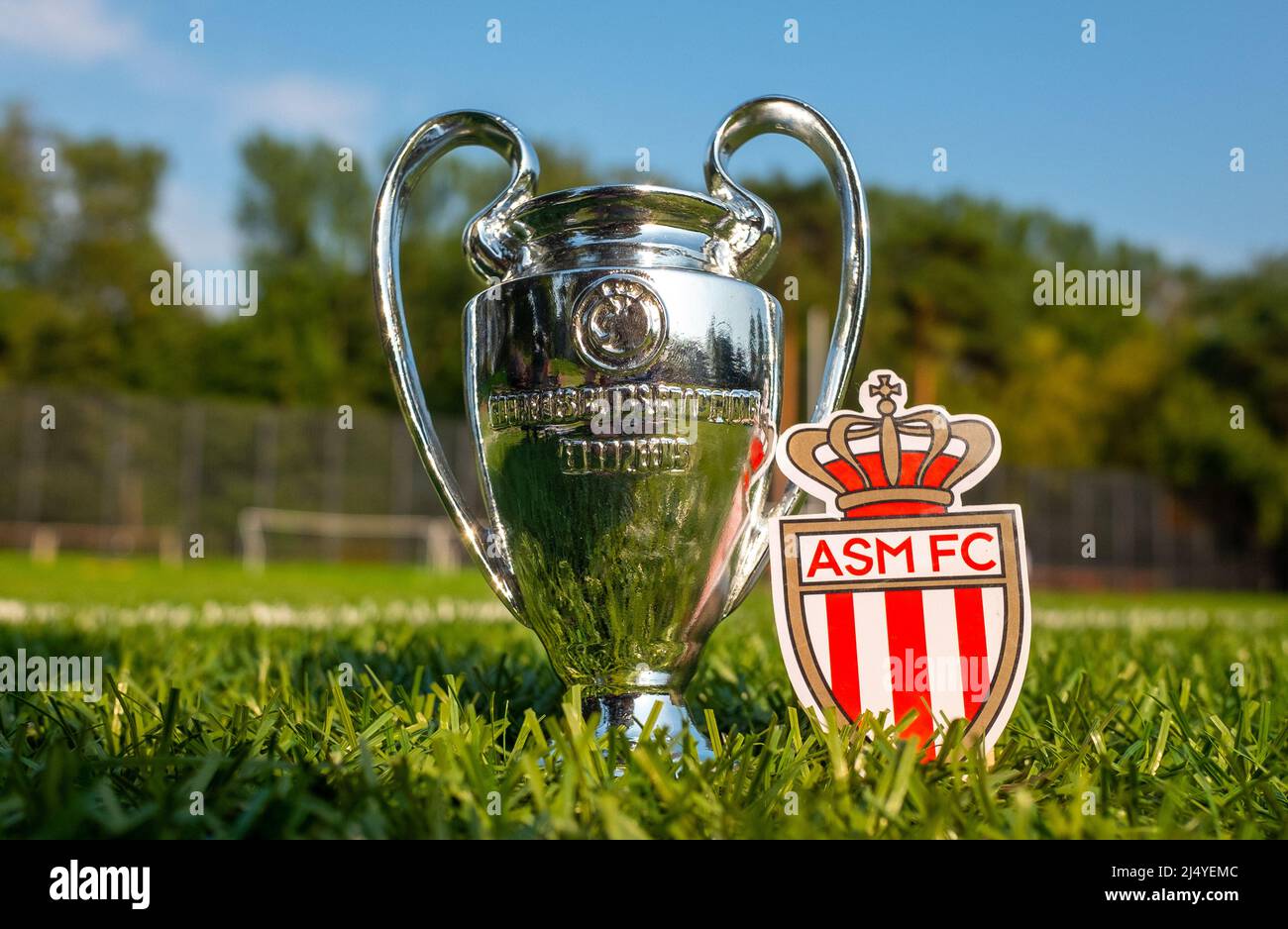 August 30, 2021, Monaco. The AS Monaco FC emblem and the UEFA Champions ...