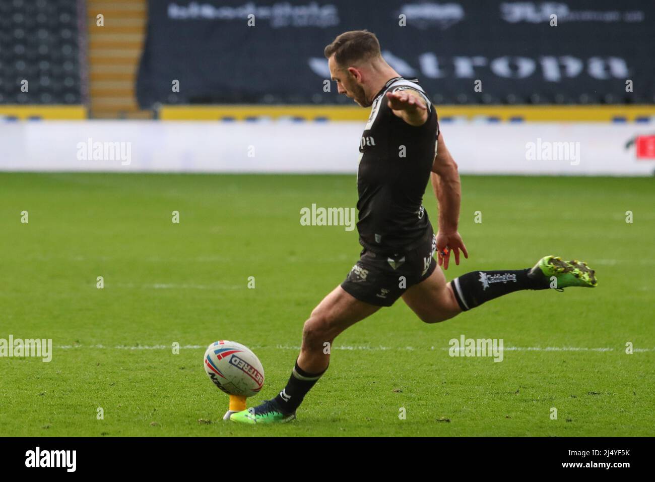 Luke Gale #7 of Hull FC kicks the conversion kick to make the score 18 ...
