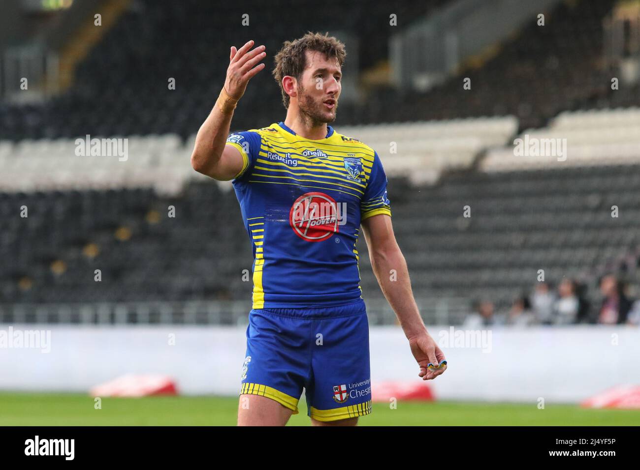 Stefan Ratchford #1 of Warrington Wolves demonstrates to referee Chris ...