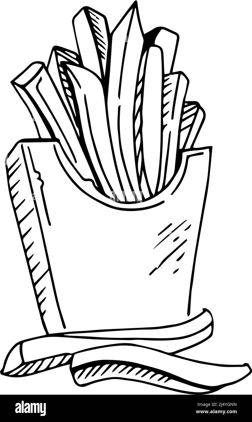 French fries thin black lines on white background - Vector illustration ...