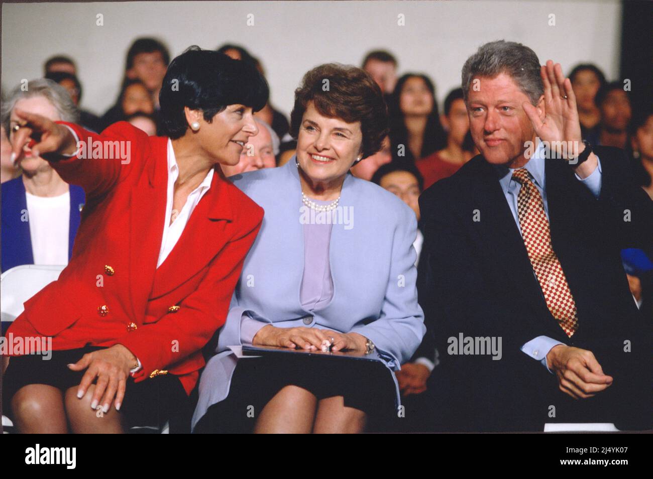 US President Bill Clinton attends a rally at Carlmont High School in ...