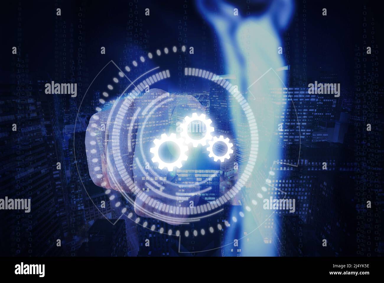 Man in suit presses virtual gears button. New era technology invention ...