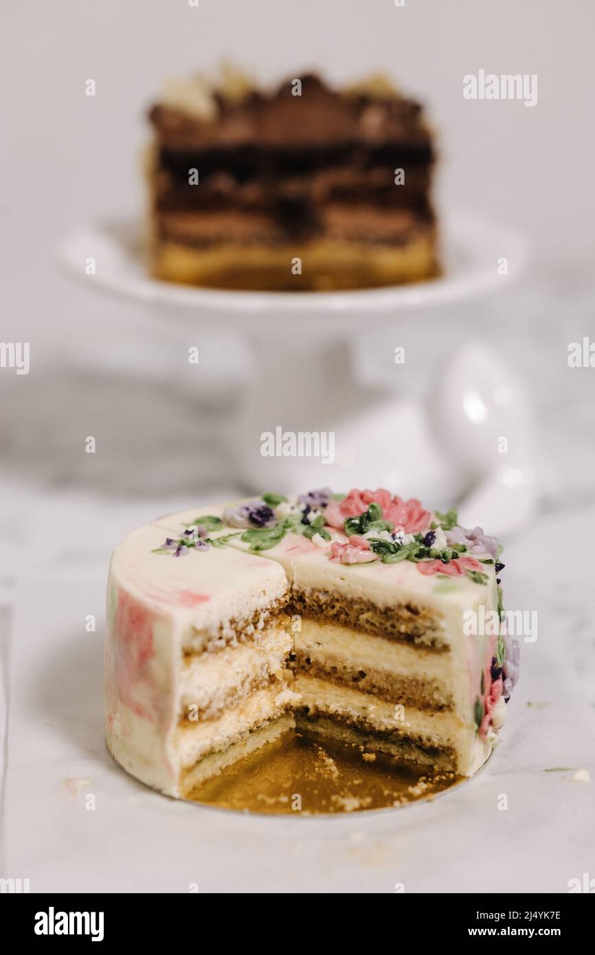 Slice of tiramisu bento cake. Presentation of cake in section. Sweet ...