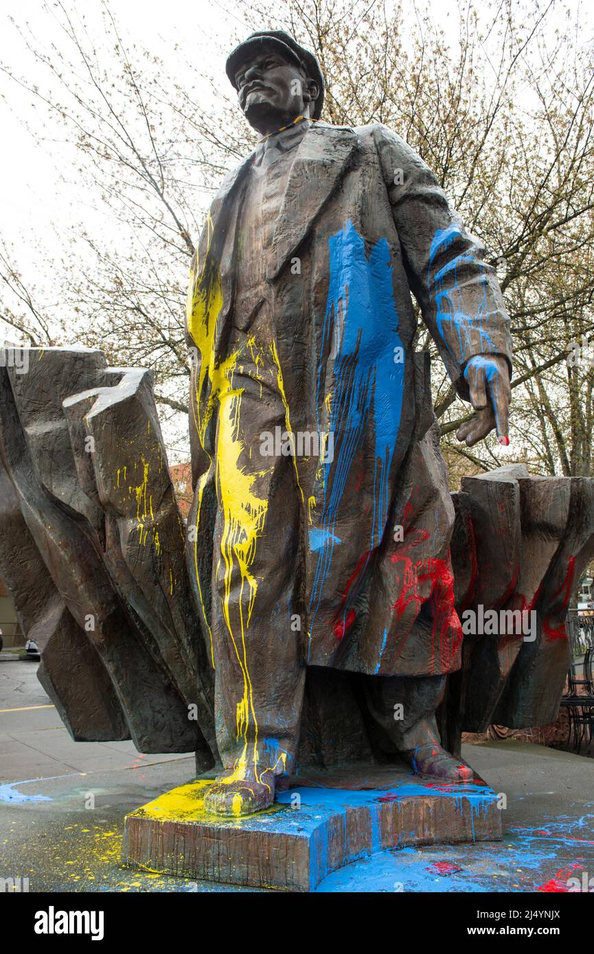 Blue and yellow painted Statue of Vladimir Lenin in the Fremont ...
