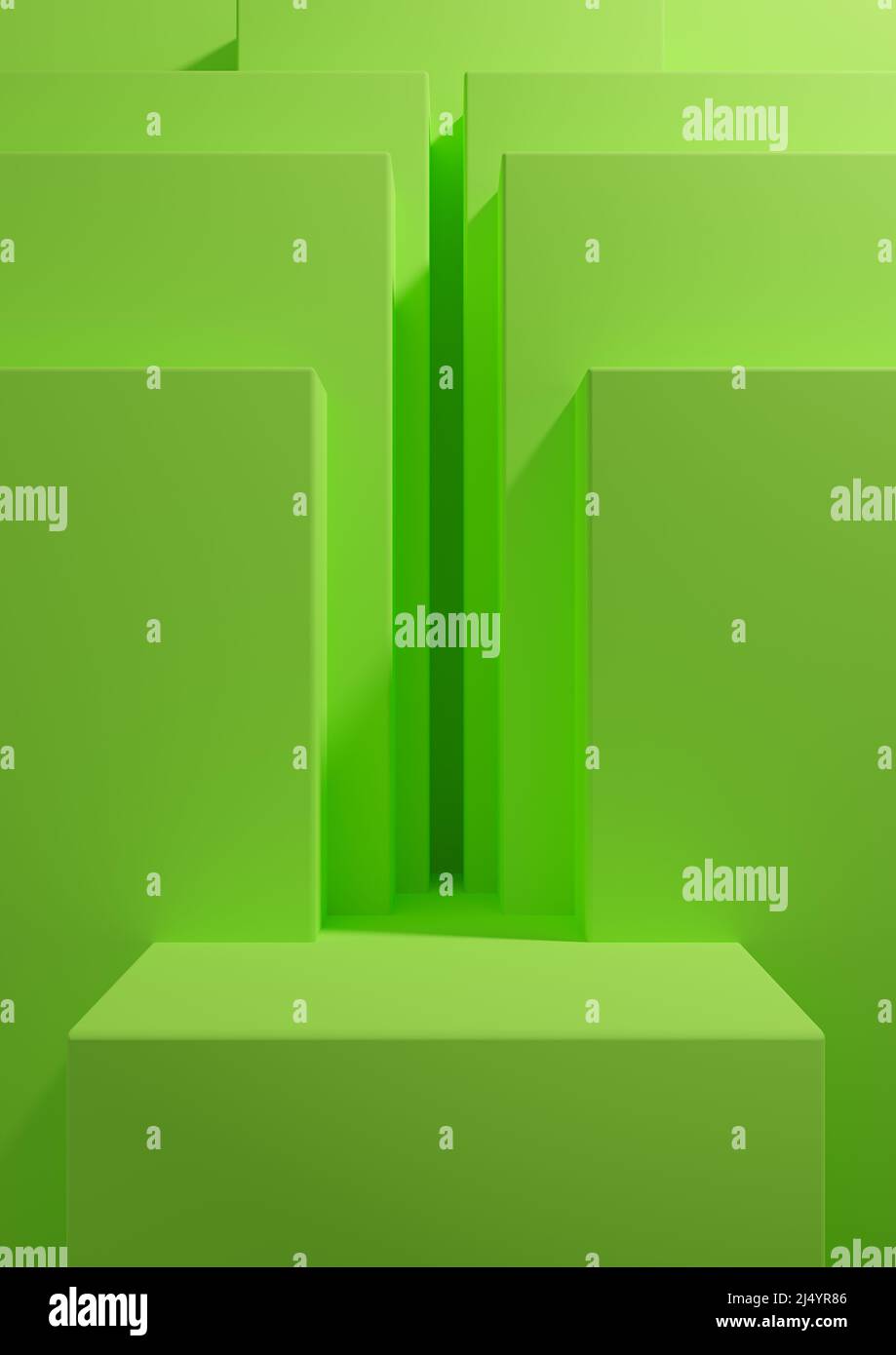 Bright, neon green 3D rendering simple, minimal, geometric background for product podium, stand ...