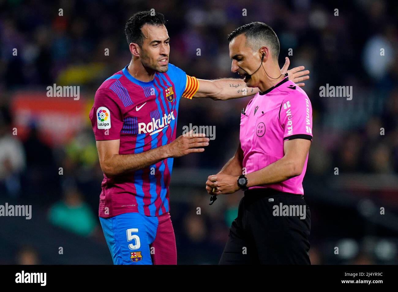 Sergio Busquets of FC Barcelona protest to referee during the La Liga ...