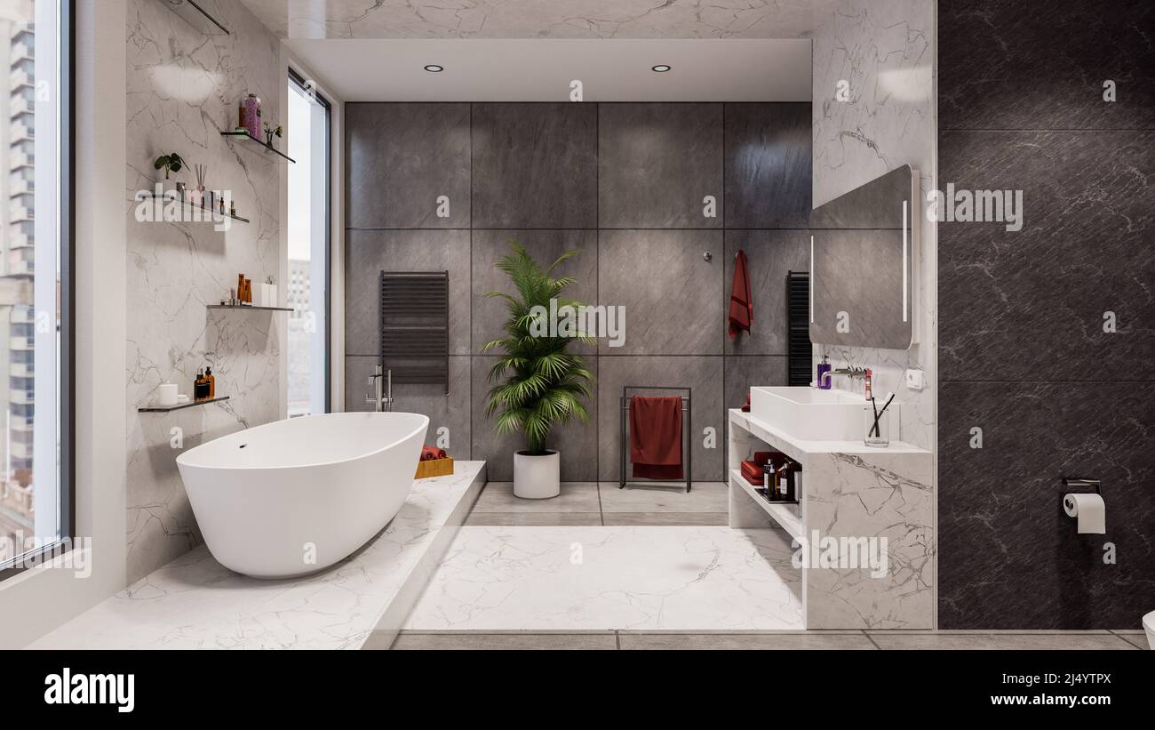 Modern Bathroom interior design idea with quartz vanity countertop and ...