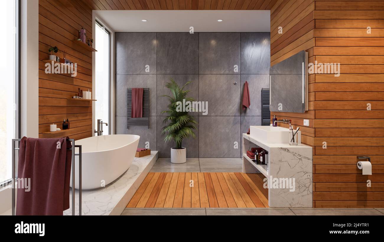3d rendering of modern bathroom, tiles, quartz floor. Bathroom design ...