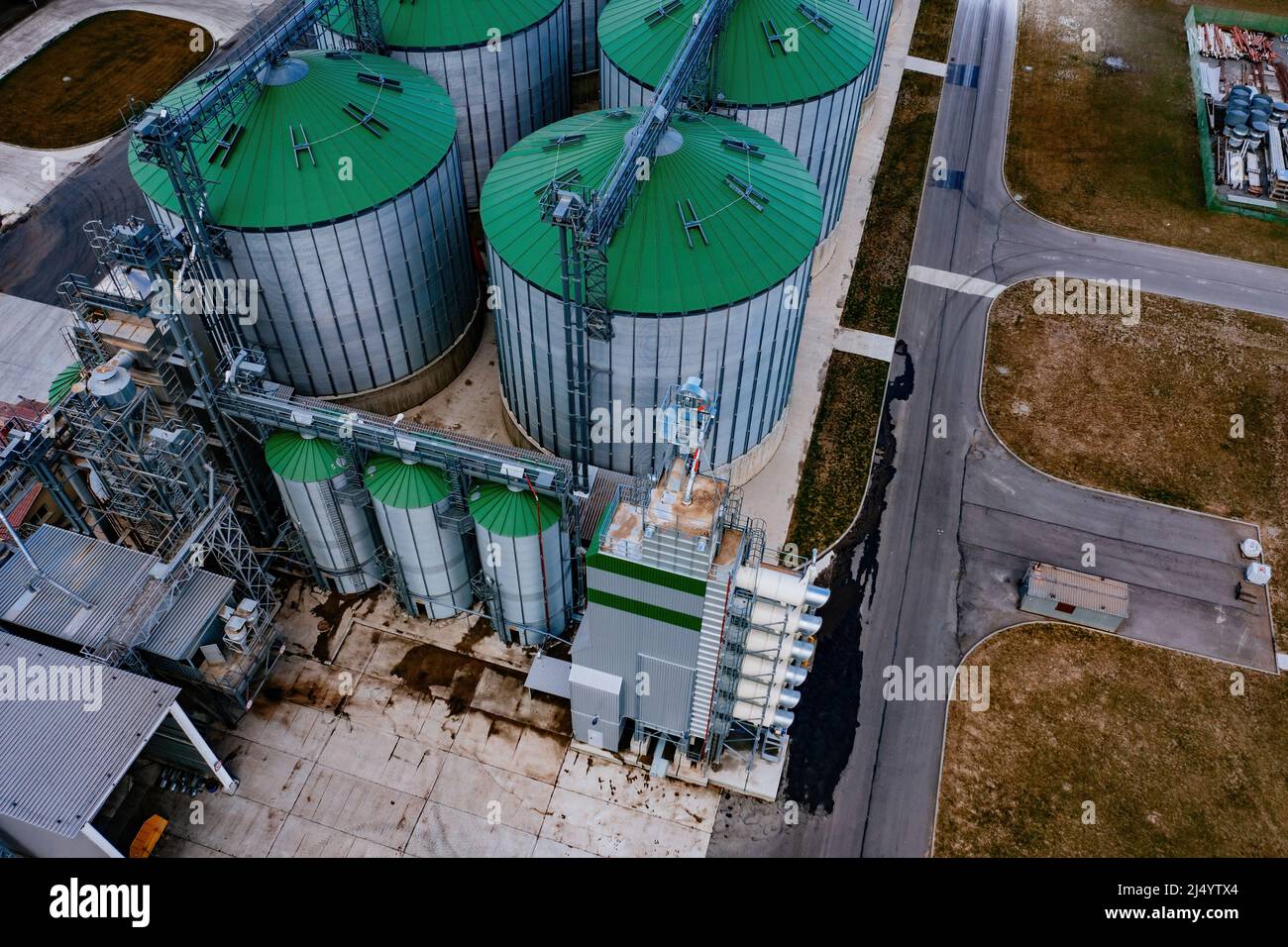 Automatic agricultural grain dryer and silos, aerial view. Modern ...