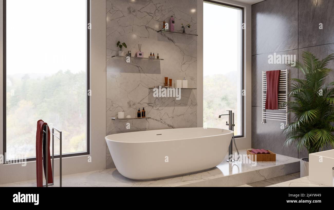 3d visualization of modern bathroom, marble tiles, quartz floor ...